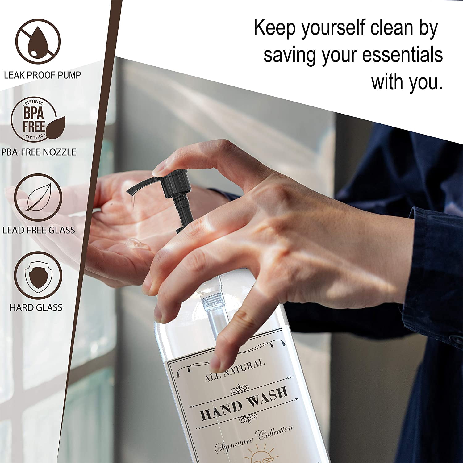 JUNXIAO-16 OZ Thick Clear Glass Soap Dispenser with Pump 2 Pack, Hand ...