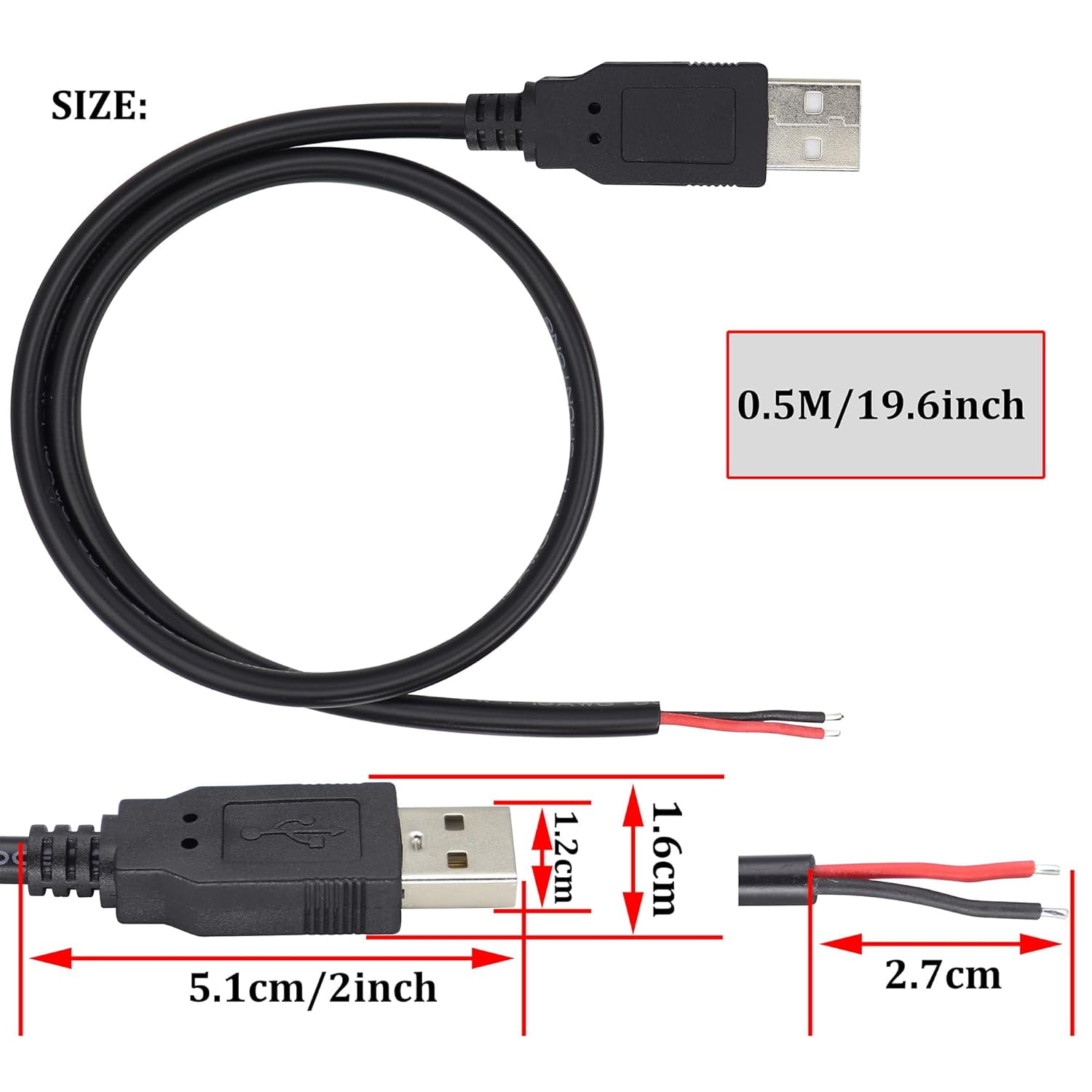 JUNXIAO-18AWG USB 2.0 Male Plug to 2pin Bare Cable USB A Male Plug to ...