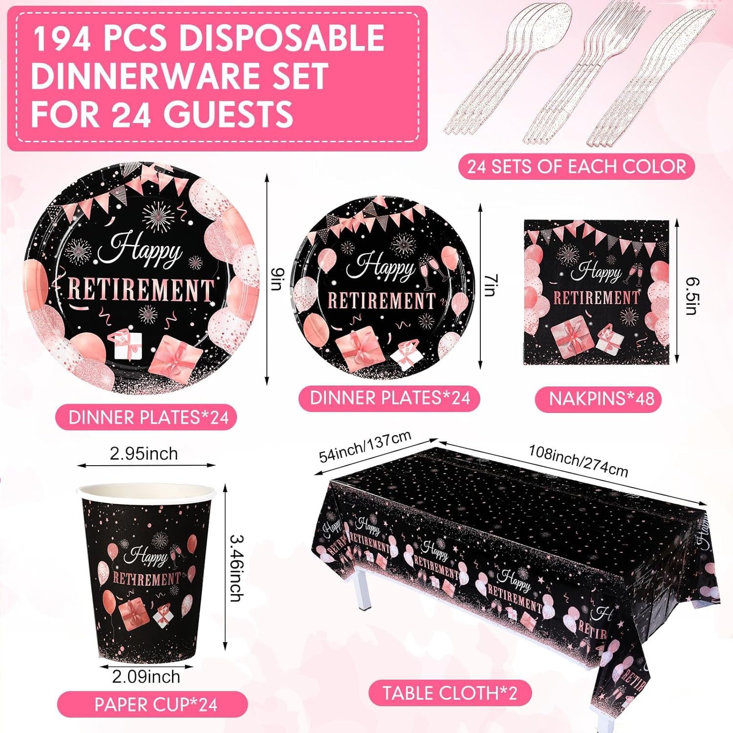 JUNXIAO-194 Pcs Retirement Party Decorations Disposable Rose Gold Happy ...