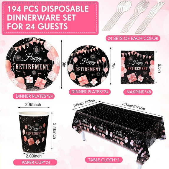 JUNXIAO-194 Pcs Retirement Party Decorations Disposable Rose Gold Happy ...