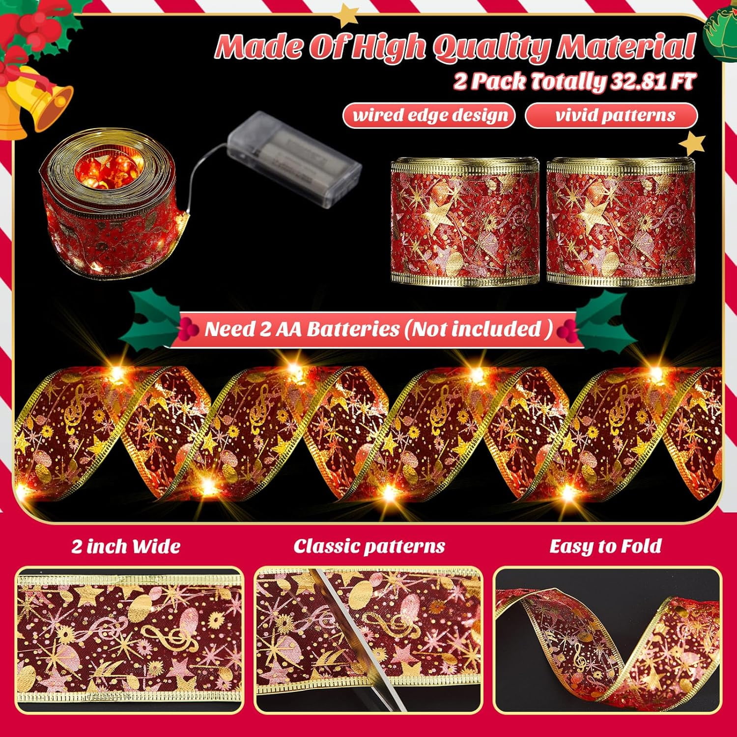 LINYAN-2 Pack 32.8 Feet Christmas Ribbon Lights 100 LED Battery ...