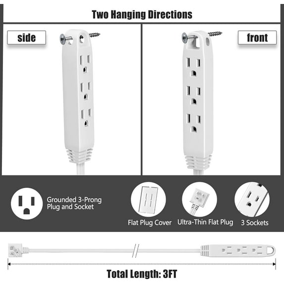 JUNXIAO-2 Pack 3FT Flat Plug Extension Cord Power Strip with 3 Outlets ...