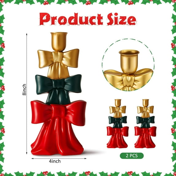 JUNXIAO-2 Pack 4x8inch Christmas Bow Candle Stick Holder Holiday Red ...