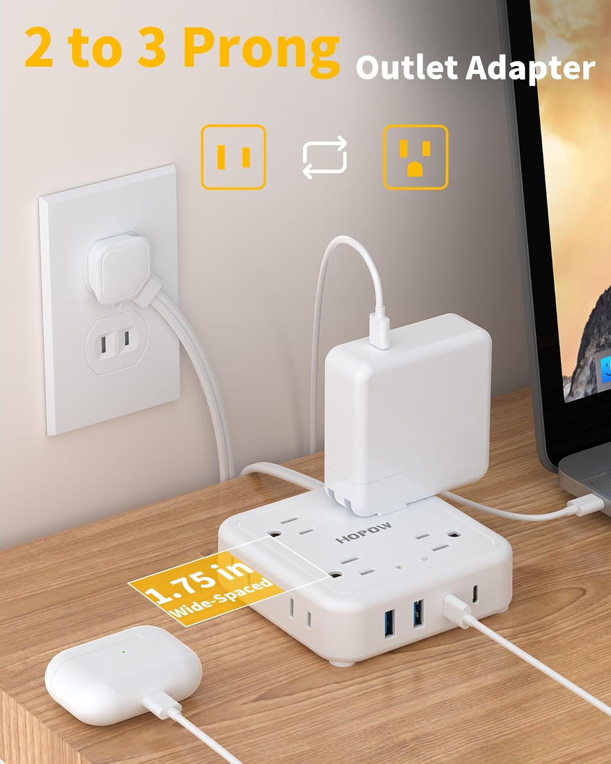 JUNXIAO-2 Prong Power Strip, 1625W 2 Prong to 3 Prong Outlet Adapter ...