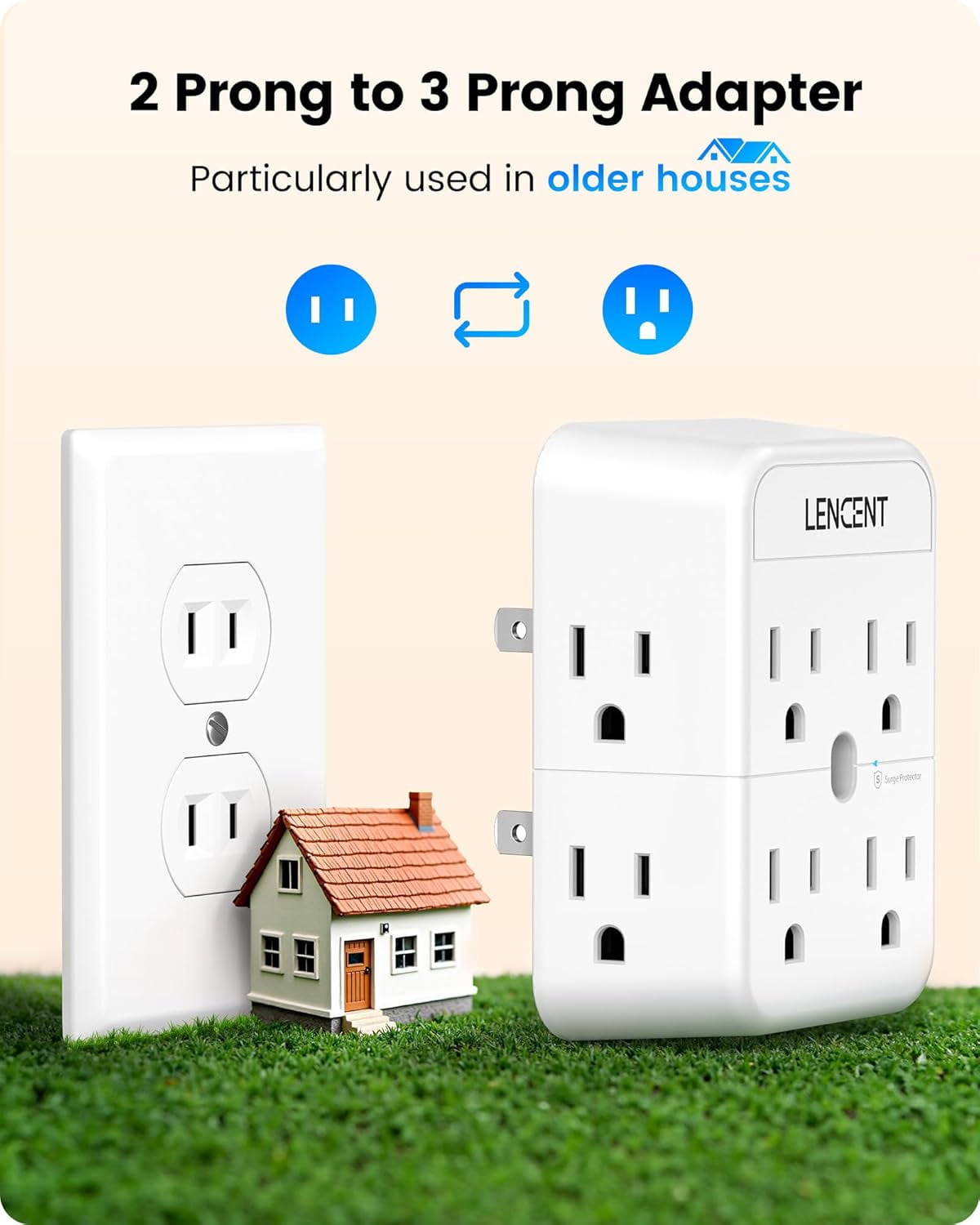 JUNXIAO-2 Prong Power Strip, 3 to 2 Prong Outlet Adapter, Surge ...