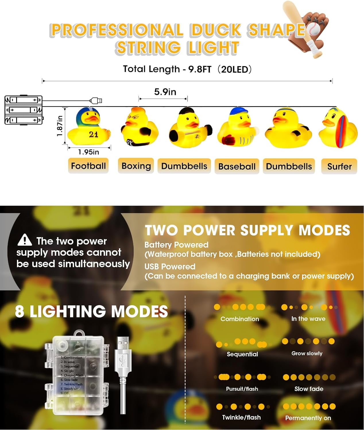 JUNXIAO-20 LED Athlete Rubber Duck String Lights, Squeezable and Sound ...