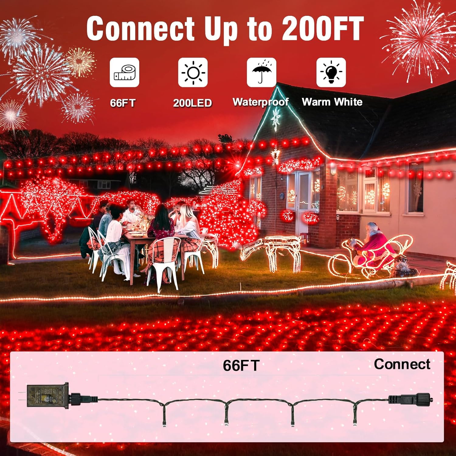 JUNXIAO-200 LED Red String Lights with Green Wire, Waterproof Christmas ...