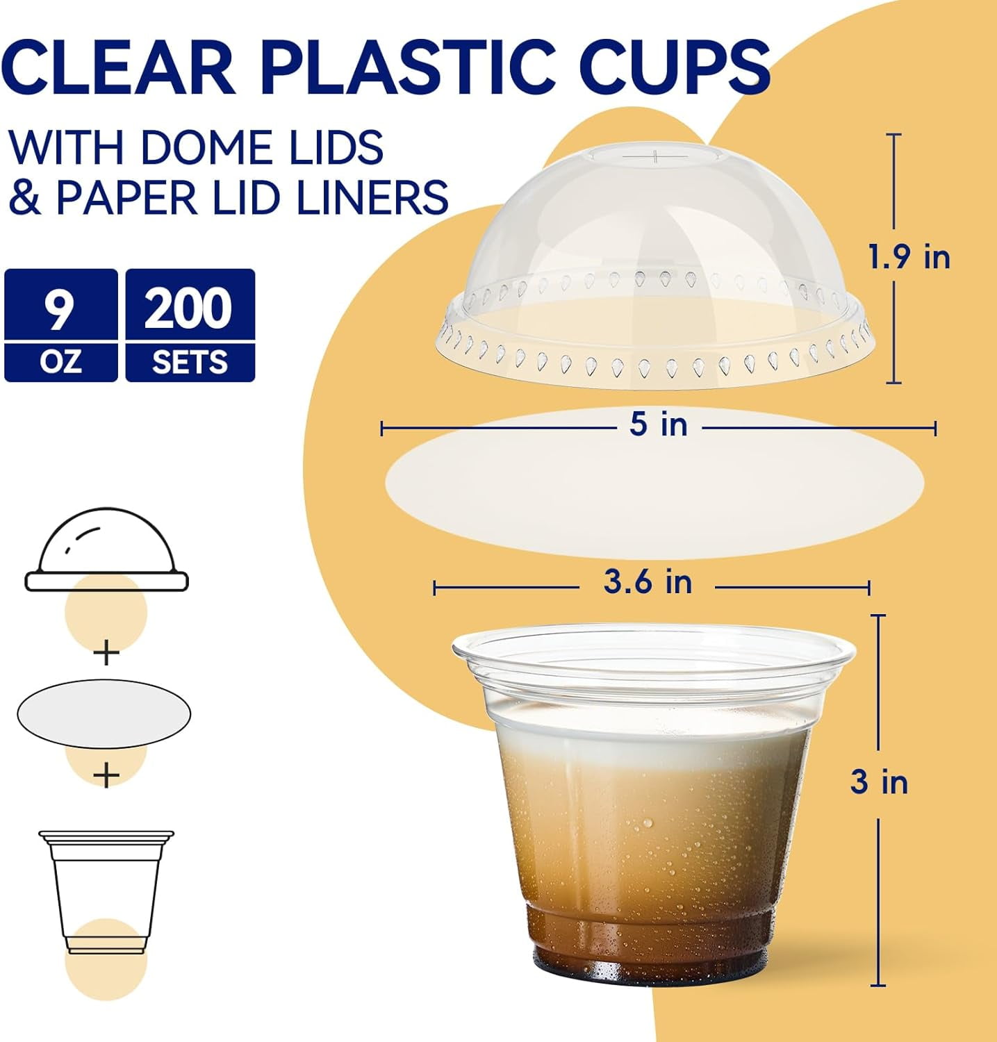 JUNXIAO-200 Sets 9 oz Clear Plastic Cups with Dome Lids, and Paper Lid Liners, Plastic Dessert ...