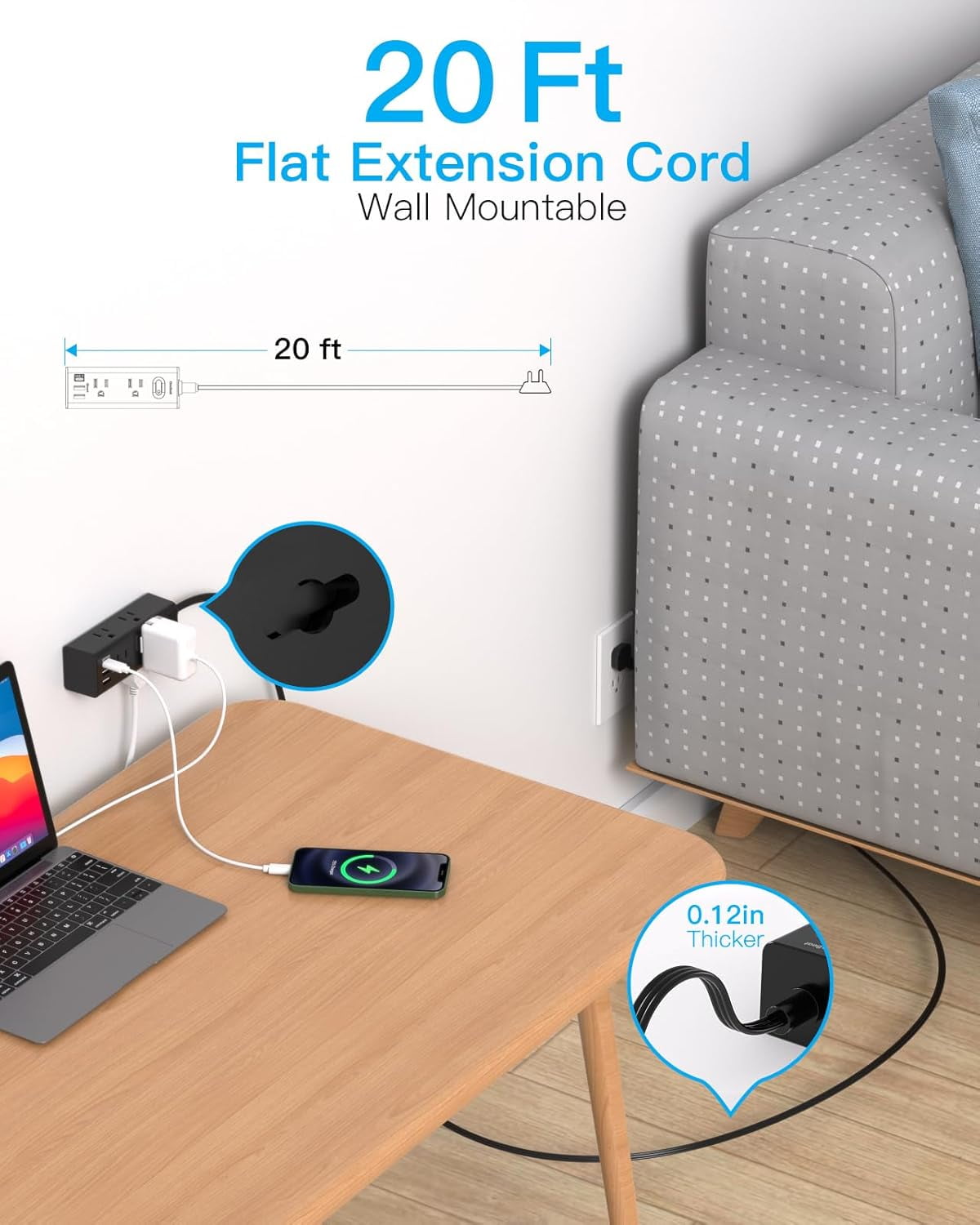 JUNXIAO-20Ft Extension Cord with Multiple Outlets, Flat Plug Power ...