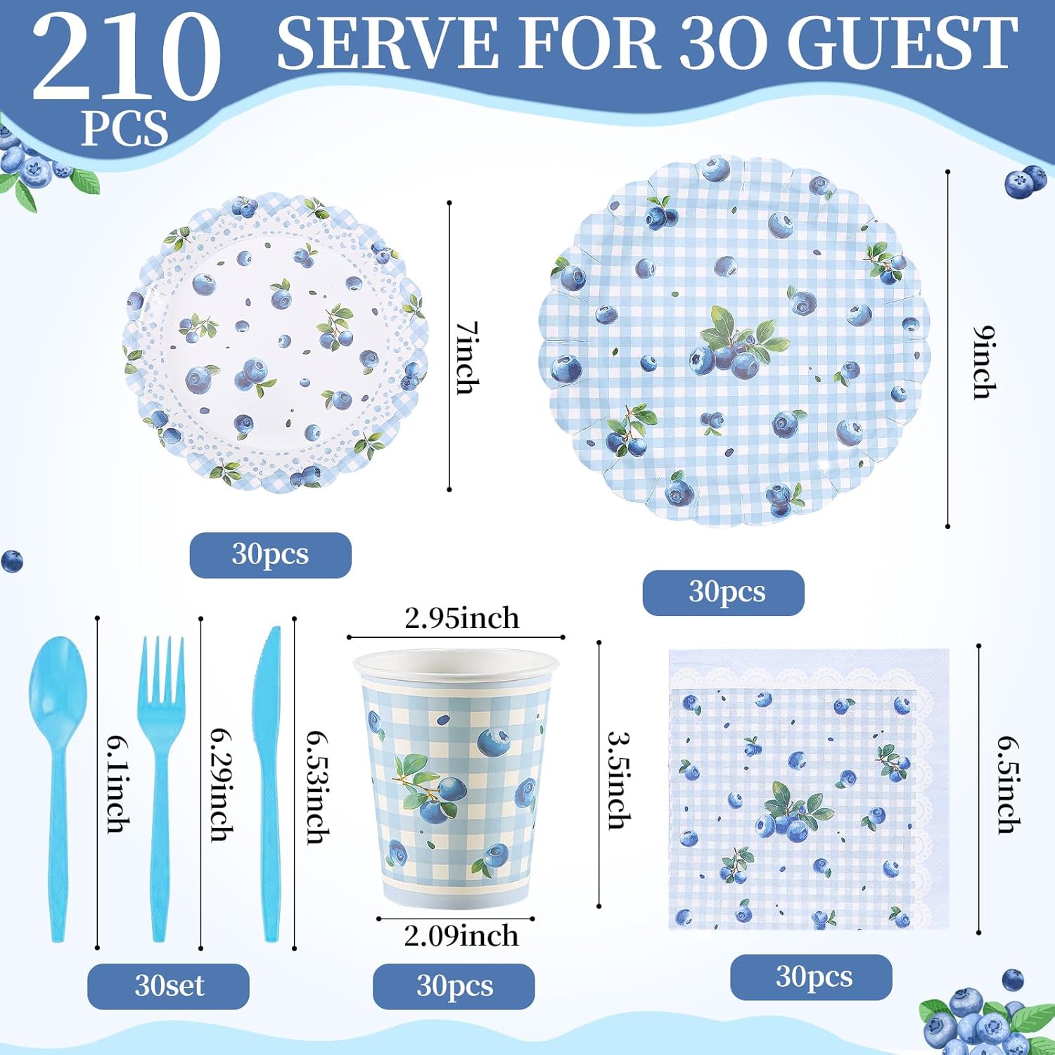 JUNXIAO-210 Pcs Blueberry Party Supplies, Includes Plates, Cups ...