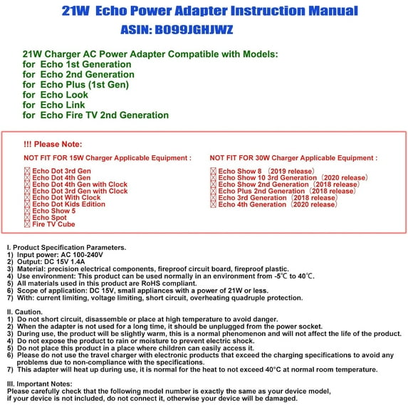 JUNXIAO-21W Charger Power Cord, Compatible with Echo 1st and 2nd Gen, Echo Show 5 3Rd Gen AC ...