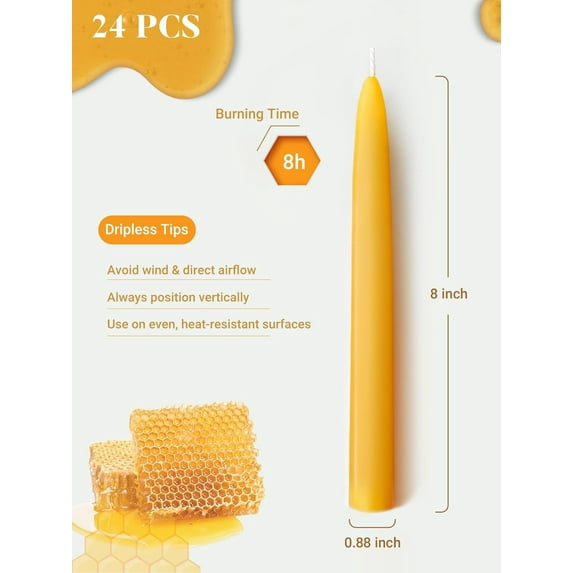 JUNXIAO-24 Pack Beeswax Taper Candles, 8 Inch Natural Beeswax Candles ...