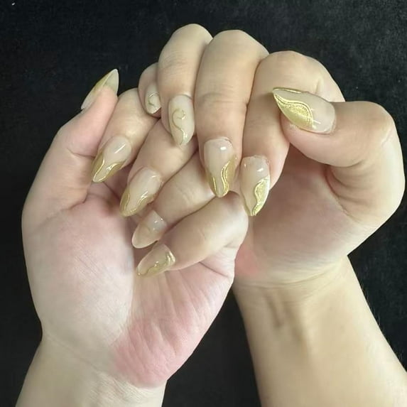 JUNXIAO-24 Pcs Press On Nails Almond - Press On nails with 3D Gold ...