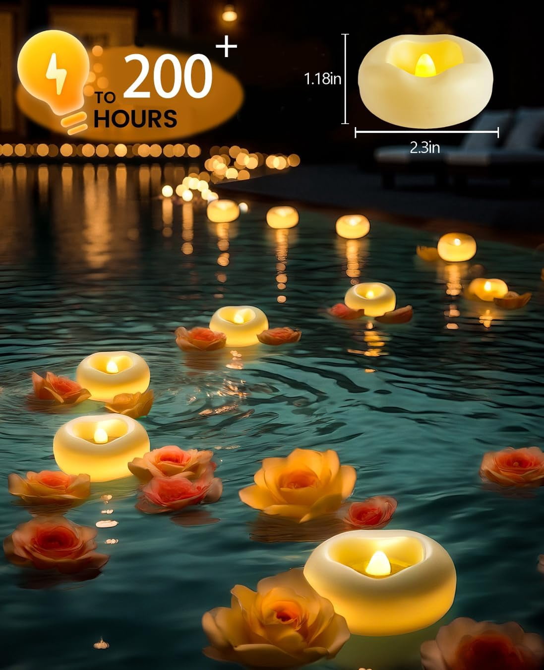 JUNXIAO-24 x 2”Floating Candle, 200 Hour Water Activated Warm White ...