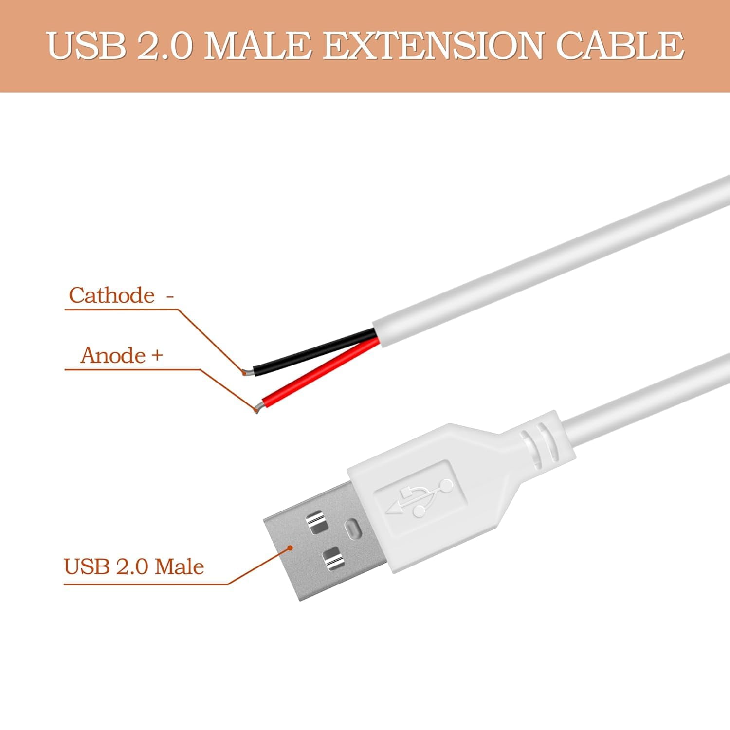 JUNXIAO-24AWG USB 2.0 Male 2 Pin Bare Wire Pigtail Cable, 5V 2A USB ...