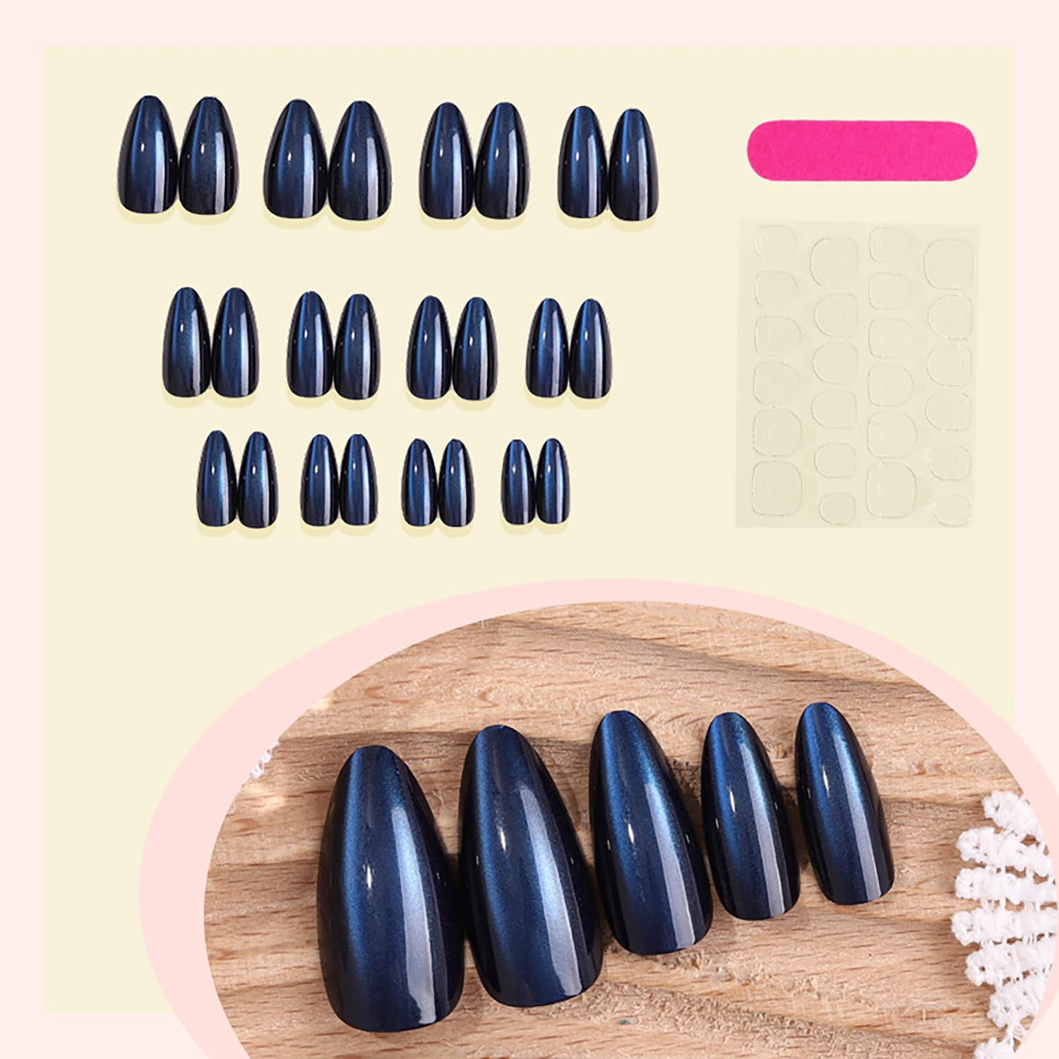 JUNXIAO-24Pcs Medium Almond Press On Nails Full Cover Fake Nails With ...