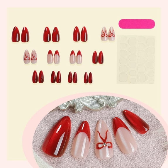 JUNXIAO-24pcs Almond Press On Nails Medium Fake Nails Bow Rhinestone ...