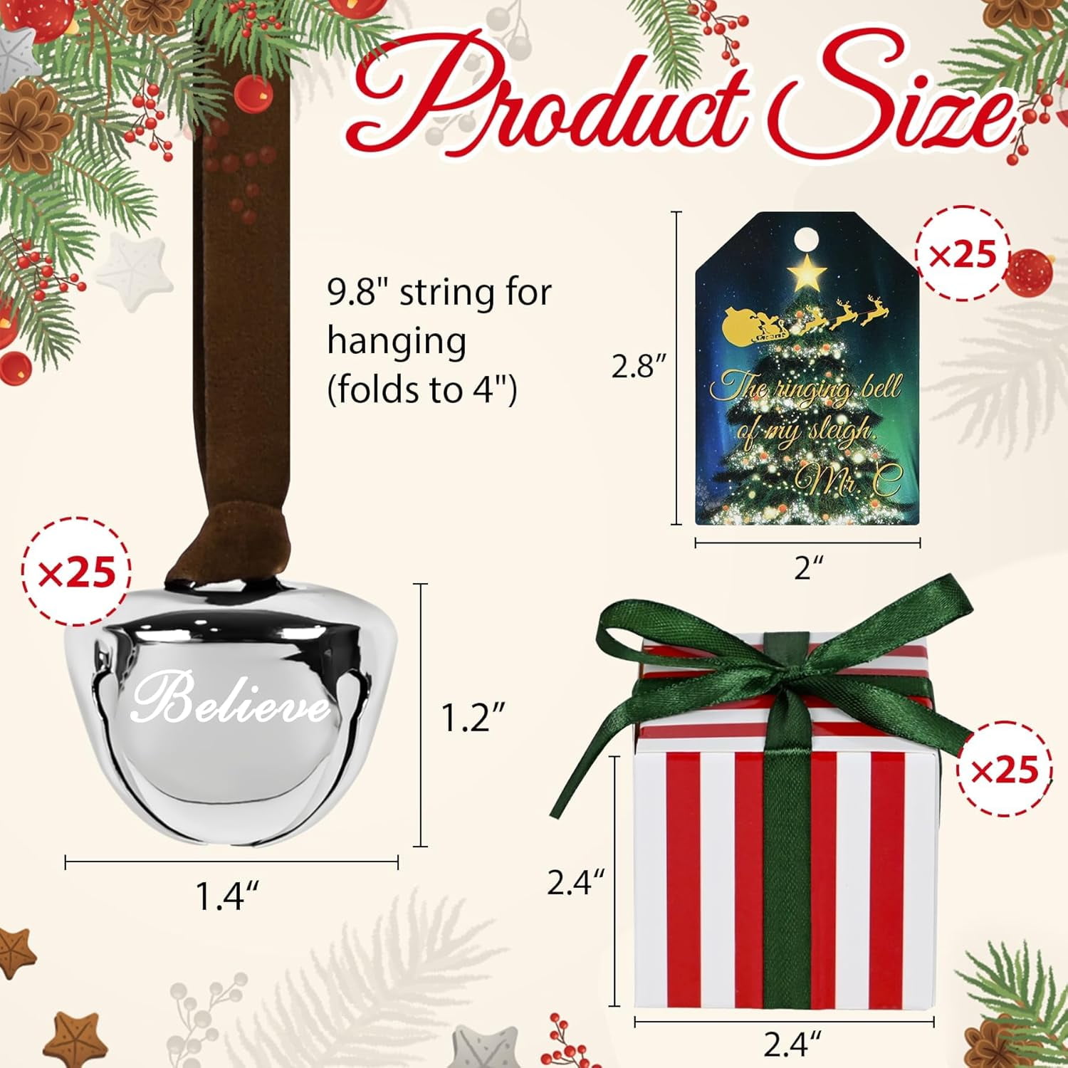 JUNXIAO-25 Sets Christmas Believe Bells Bulk Polar Santa Sleigh Bells ...
