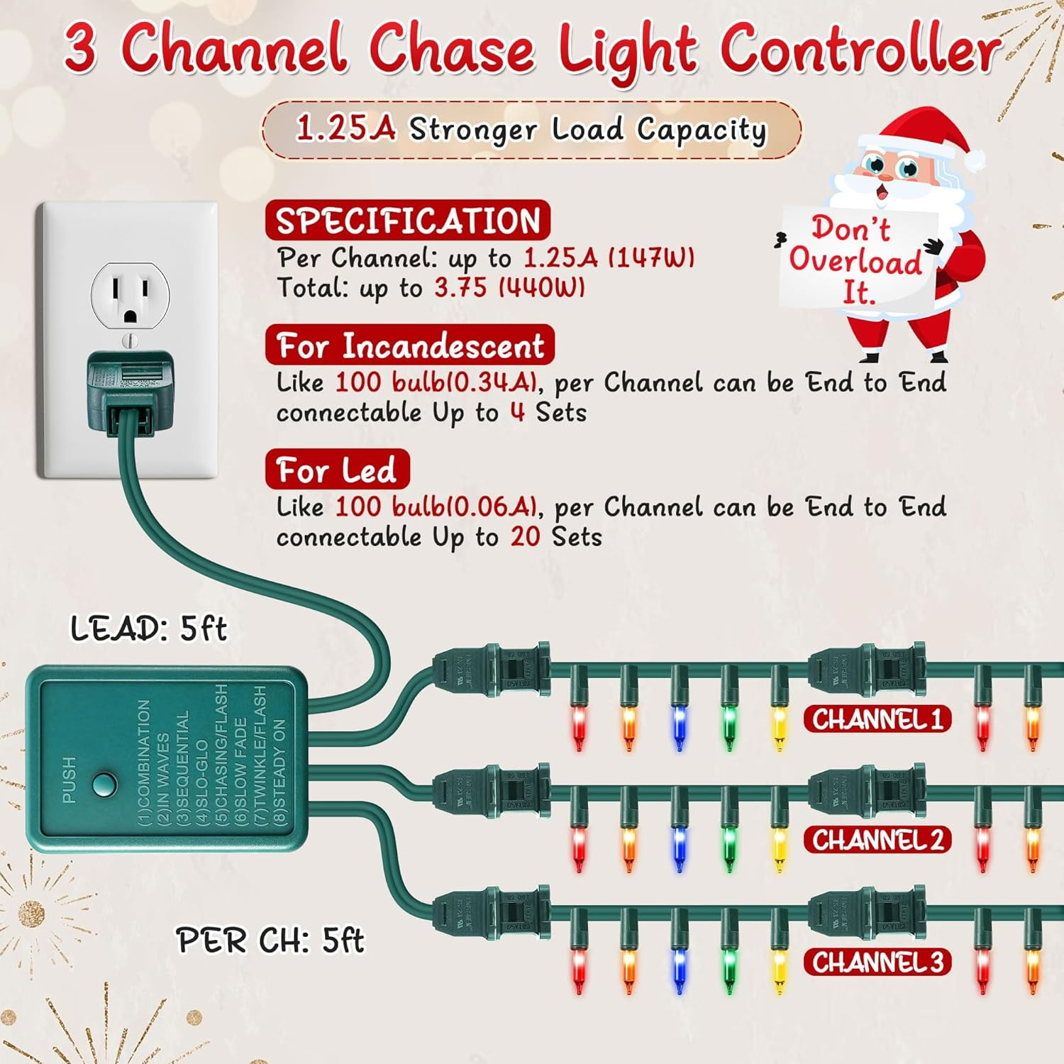 JUNXIAO-3 Channel Chase Christmas Light Controller, High Power 1.25A ...
