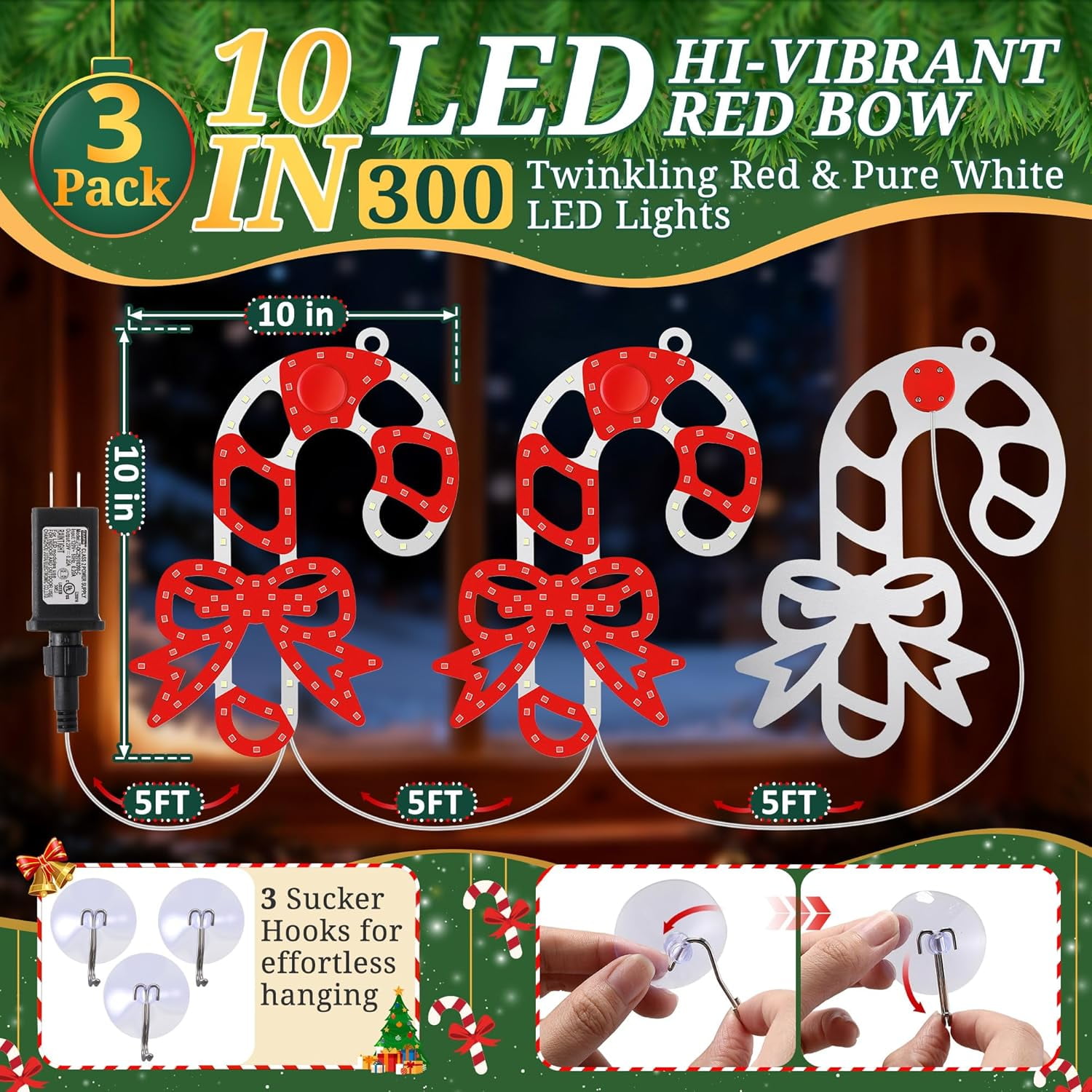 JUNXIAO-3 Pack 300 Hi Vibrant Twinkling Lighted LED Candy Cane ...
