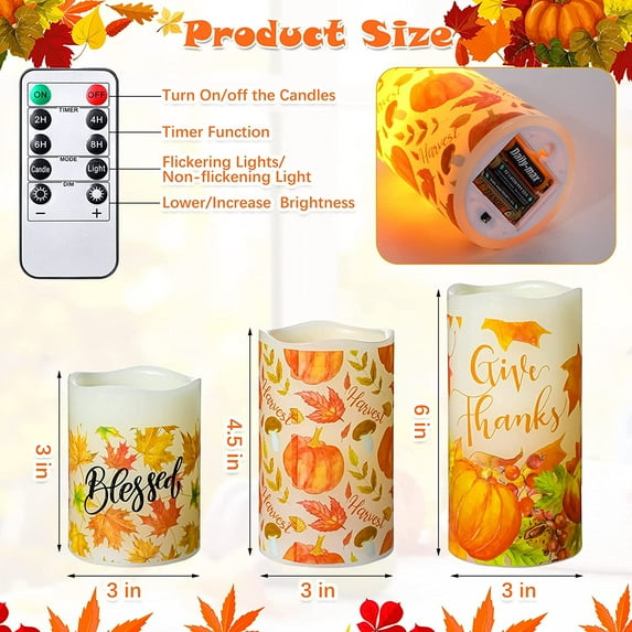 JUNXIAO-3 Pieces Thanksgiving Flameless LED Candles Leaf Pumpkin Fall ...