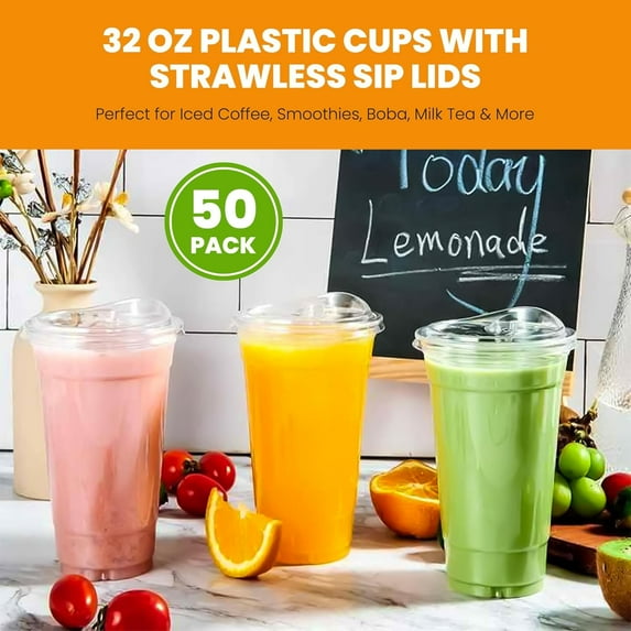 JUNXIAO-32 oz Clear Plastic Cups With Lids & Straws Thick, Reusable ...