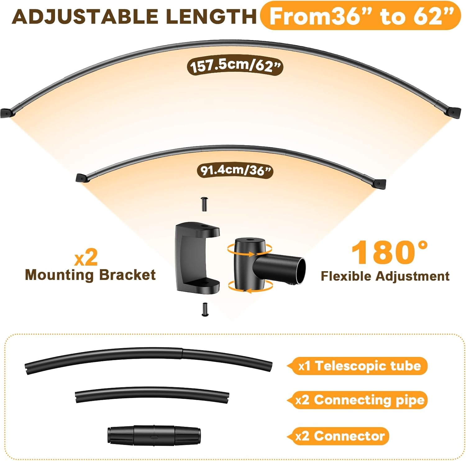 JUNXIAO-36-62 Inches Curved Shower Curtain Rod, Adjustable Splicing ...