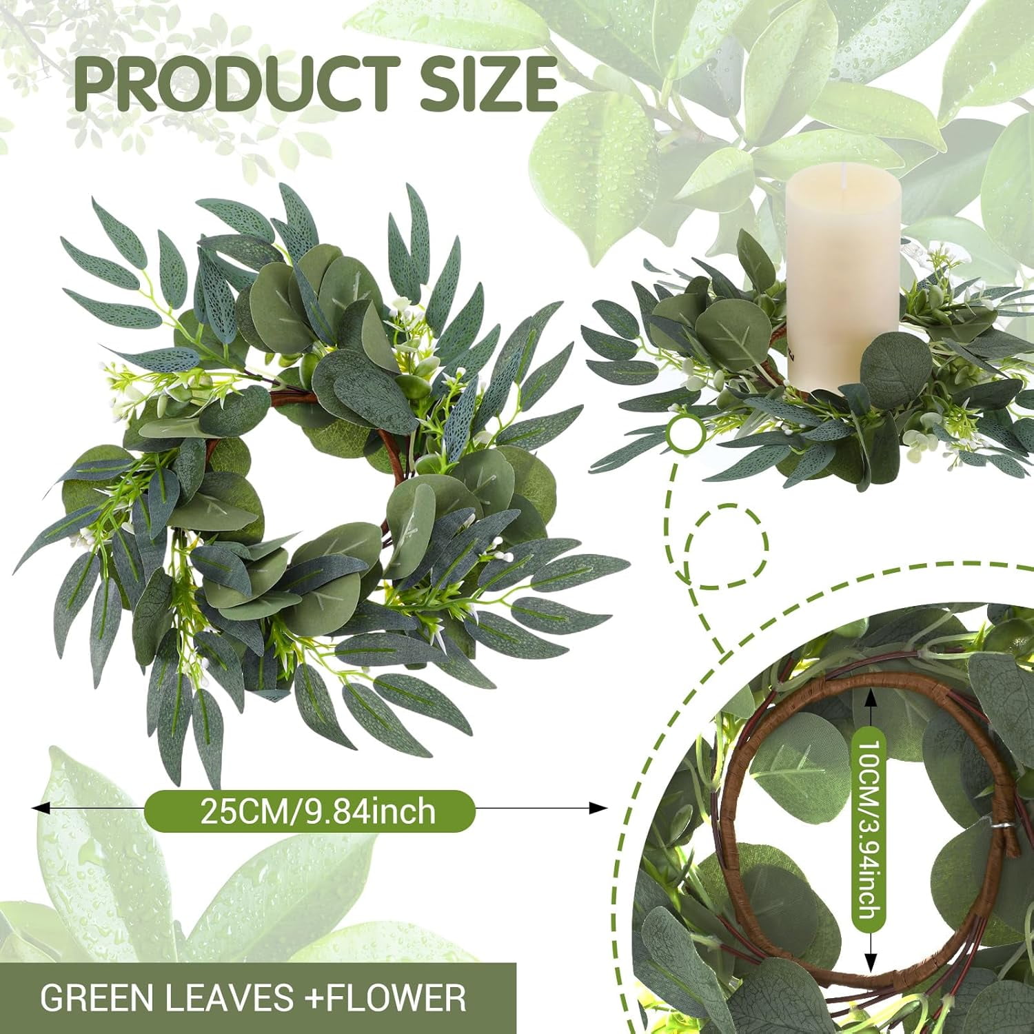 JUNXIAO-4 Pcs Candle Rings Artificial Eucalyptus Leaves Wreath Small ...