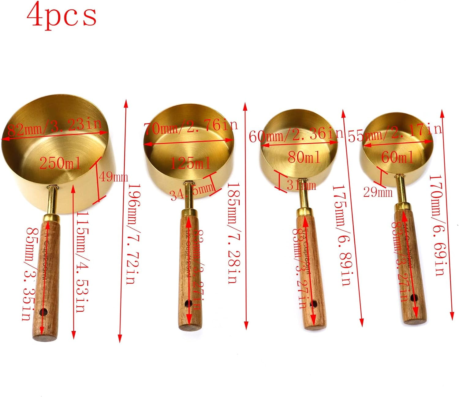 JUNXIAO-4 Piece Stainless Steel Measuring Cups with Wooden Handle ...