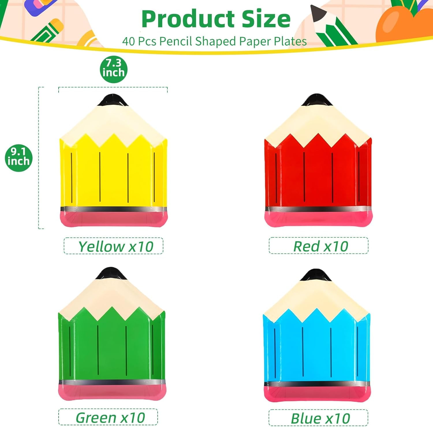 JUNXIAO-40 Pcs Pencil Shaped Paper Plates – 9 Inch 4 Colors Disposable ...