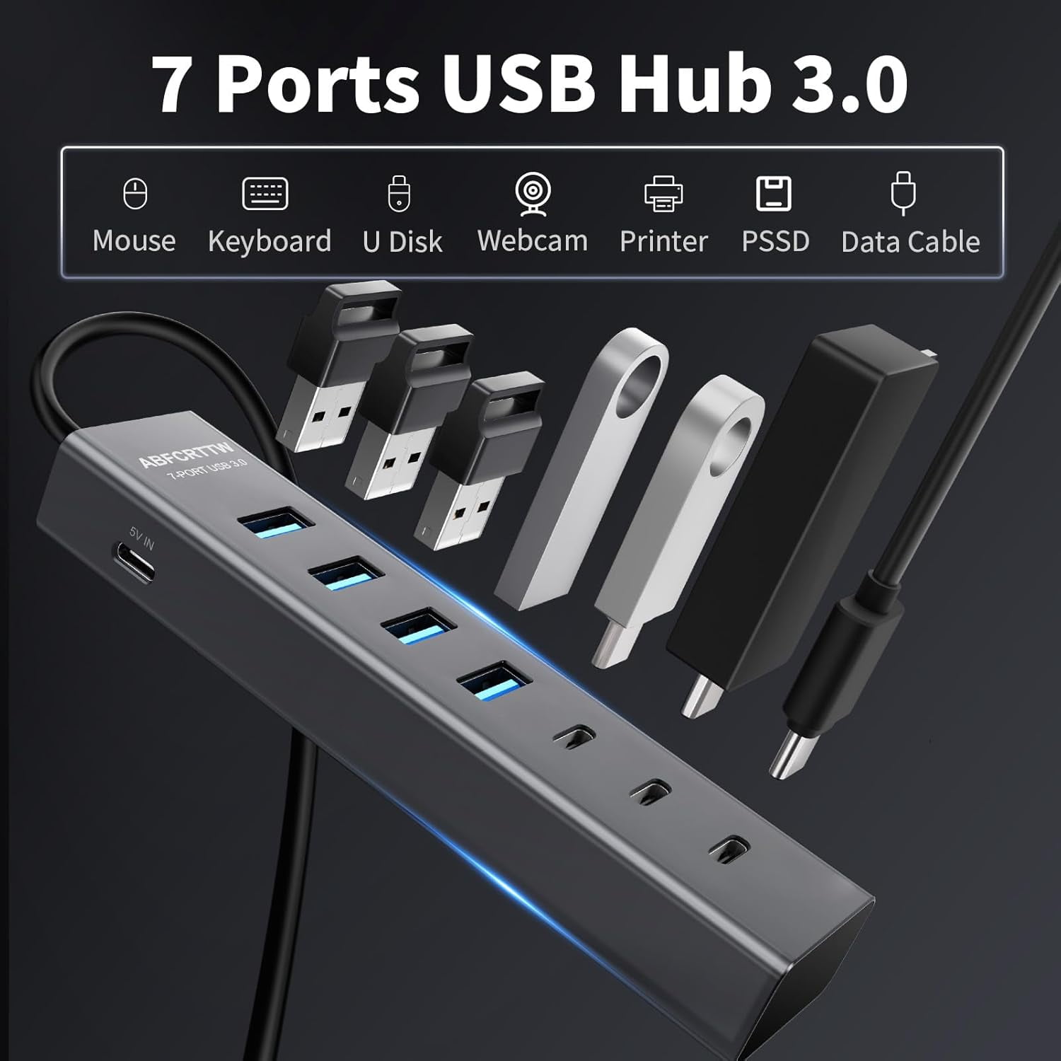 JUNXIAO-4Ft 7-Port USB Hub 3.0 for Desktop, 4 USB-A & 3 USB-C Ports ...