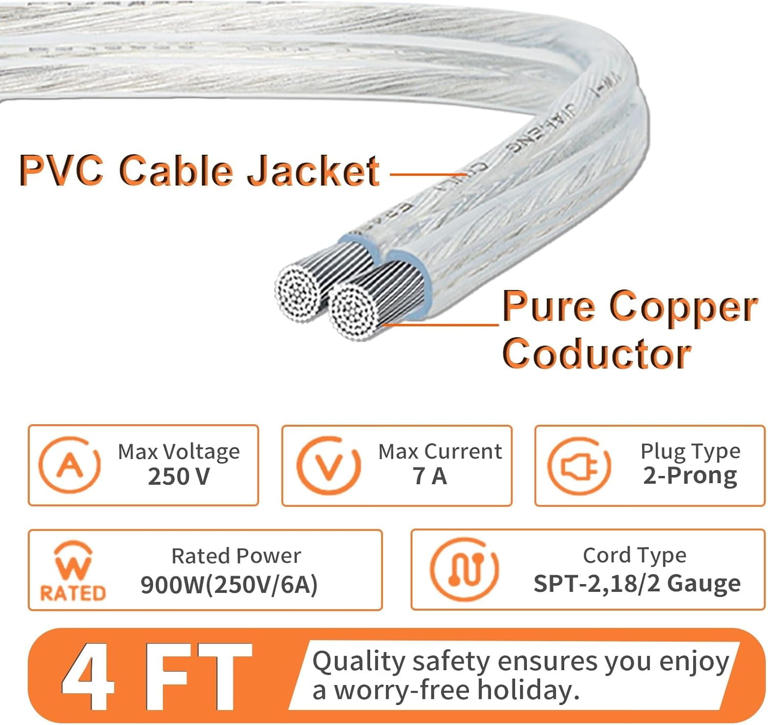 JUNXIAO-4ft Clear Extension Cord 2 Pack, UL/ETL Certified 2 Prong Short ...