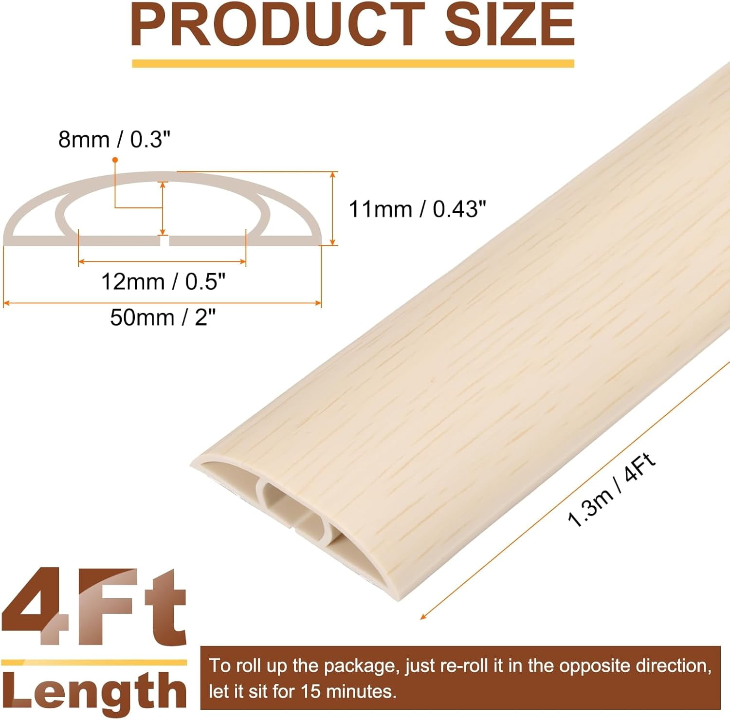 JUNXIAO-4ft Cord Cover Floor W0.5 x H0.3 Inner Channel PVC Hide ...