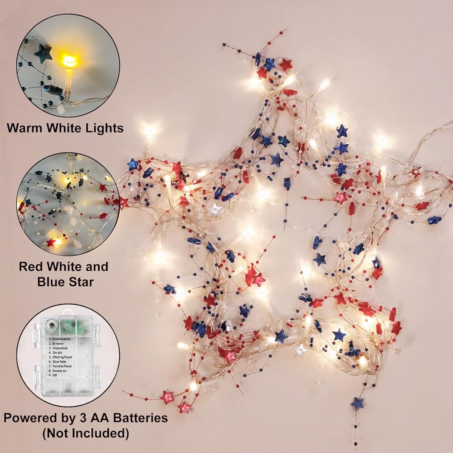 JUNXIAO-4th of July Decorations 14Ft 40 LED Red White Blue Star Garland ...