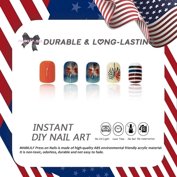 JUNXIAO-4th of July Press on Nails Short Square Fake Nails Fireworks ...