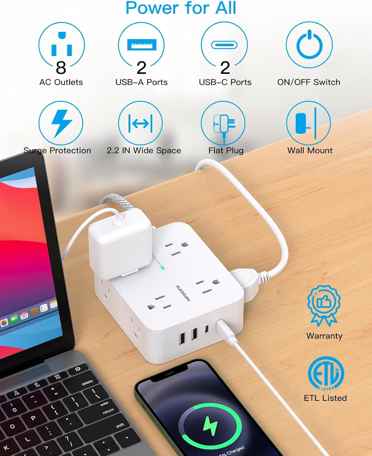 JUNXIAO-5 Ft Extension Cord with Multiple Outlets, Power Strips with ...