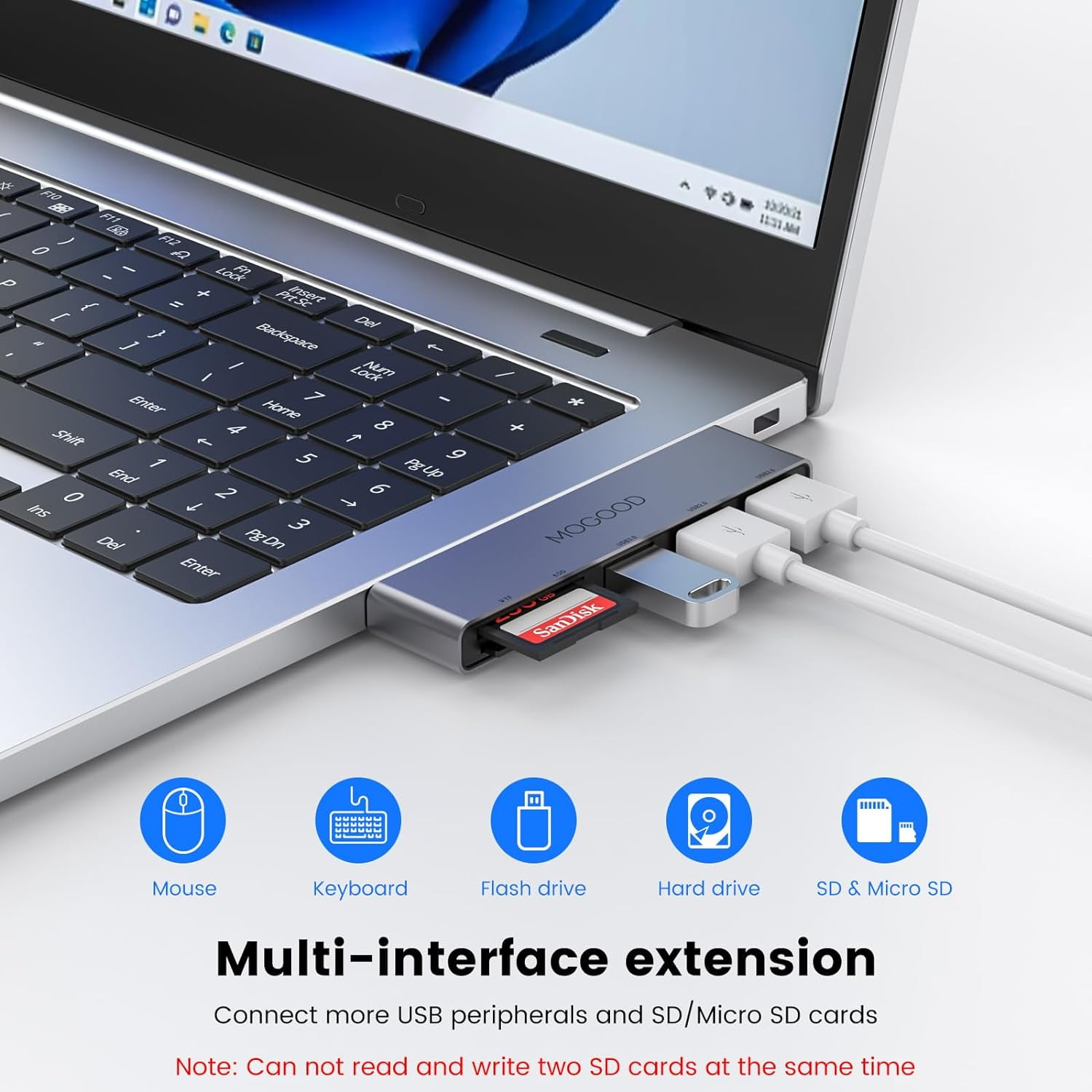 JUNXIAO-5-Port USB Hub USB Splitter for Laptop USB 3.0 Dual Slot Flash ...