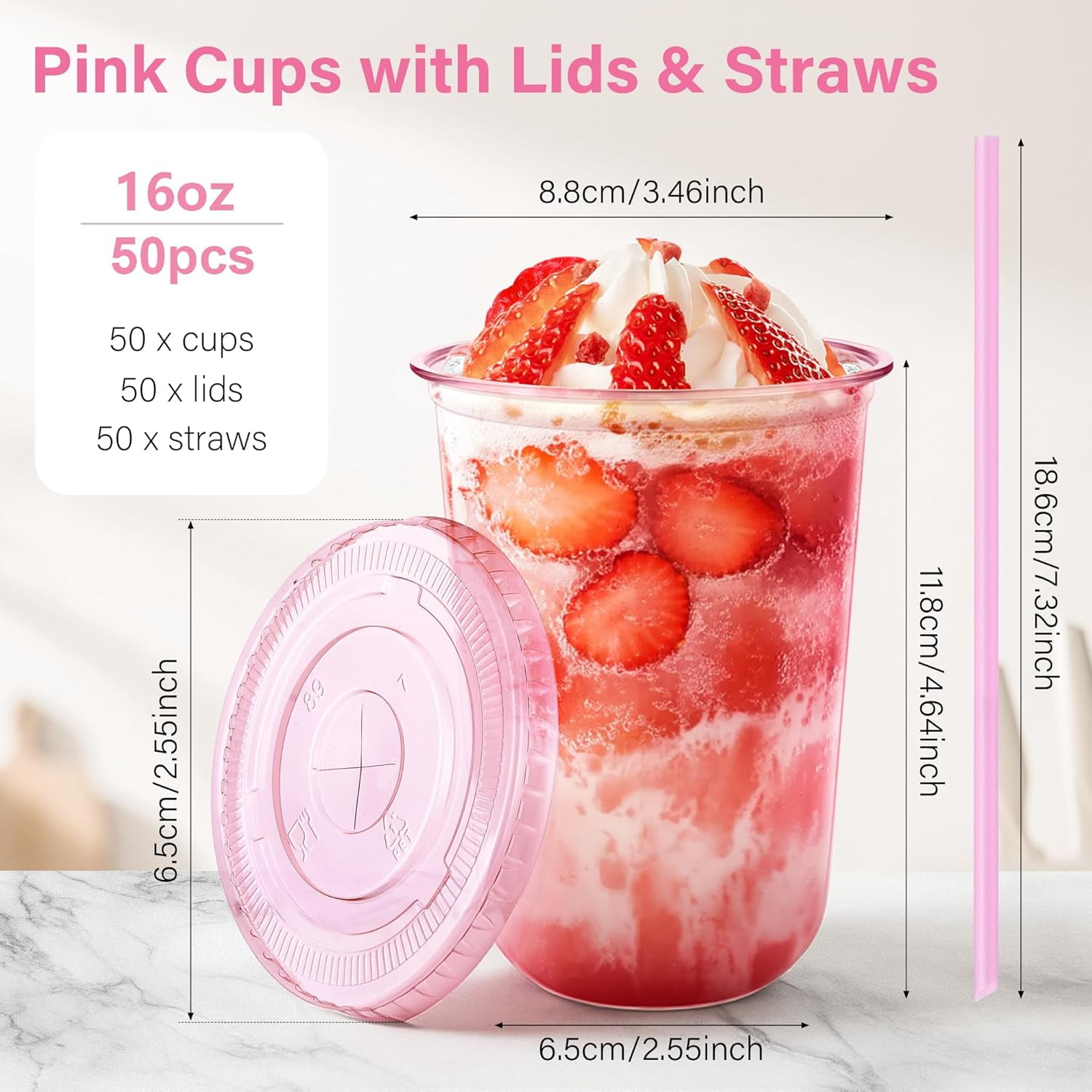 JUNXIAO-50 Pack Pink Clear Plastic Cups with Lids and Straws, 16 oz ...