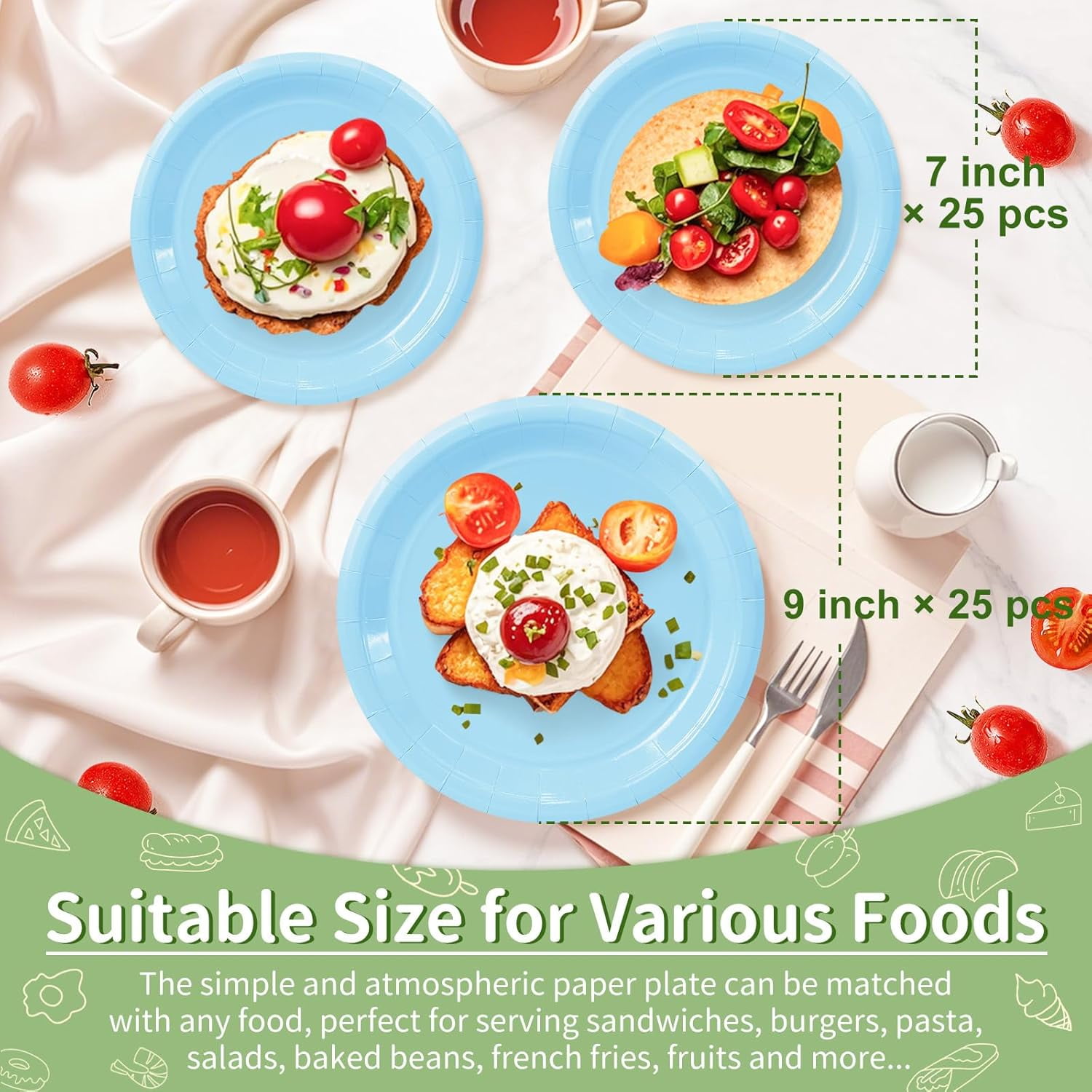 JUNXIAO-50 Pcs Light Blue Paper Plates, 25 Pcs 9 Inch and 25 Pcs 7 Inch ...