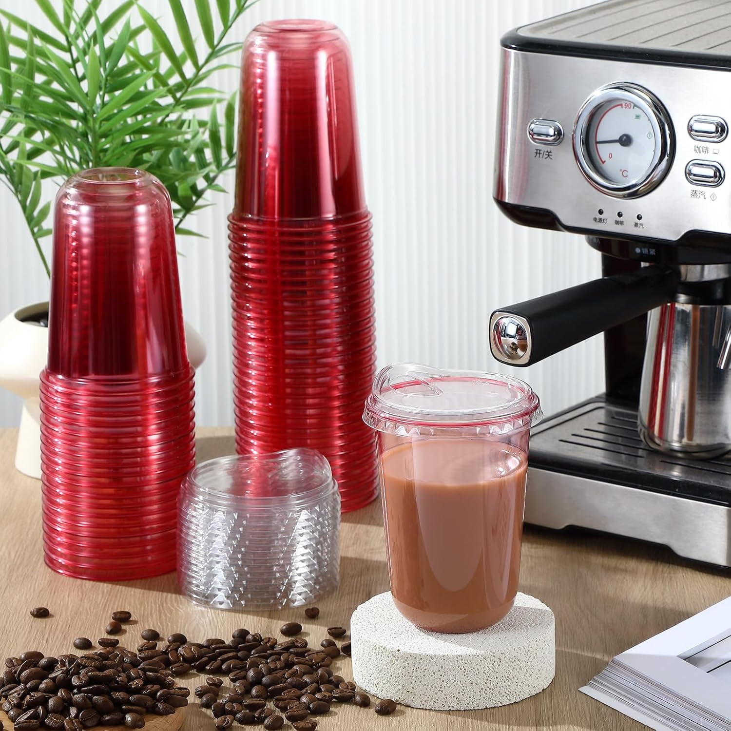 JUNXIAO-50 Pcs Round Bottom Plastic Cups with Sip Lids Clear Disposable ...