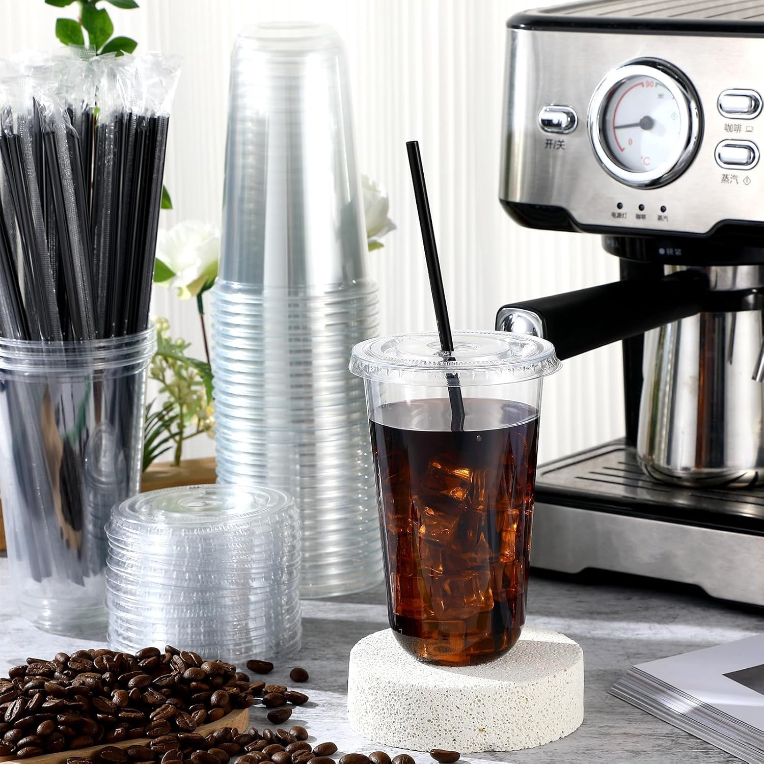 JUNXIAO-50 Set 18 oz Clear Plastic Cups with Lids and Straws, PET ...