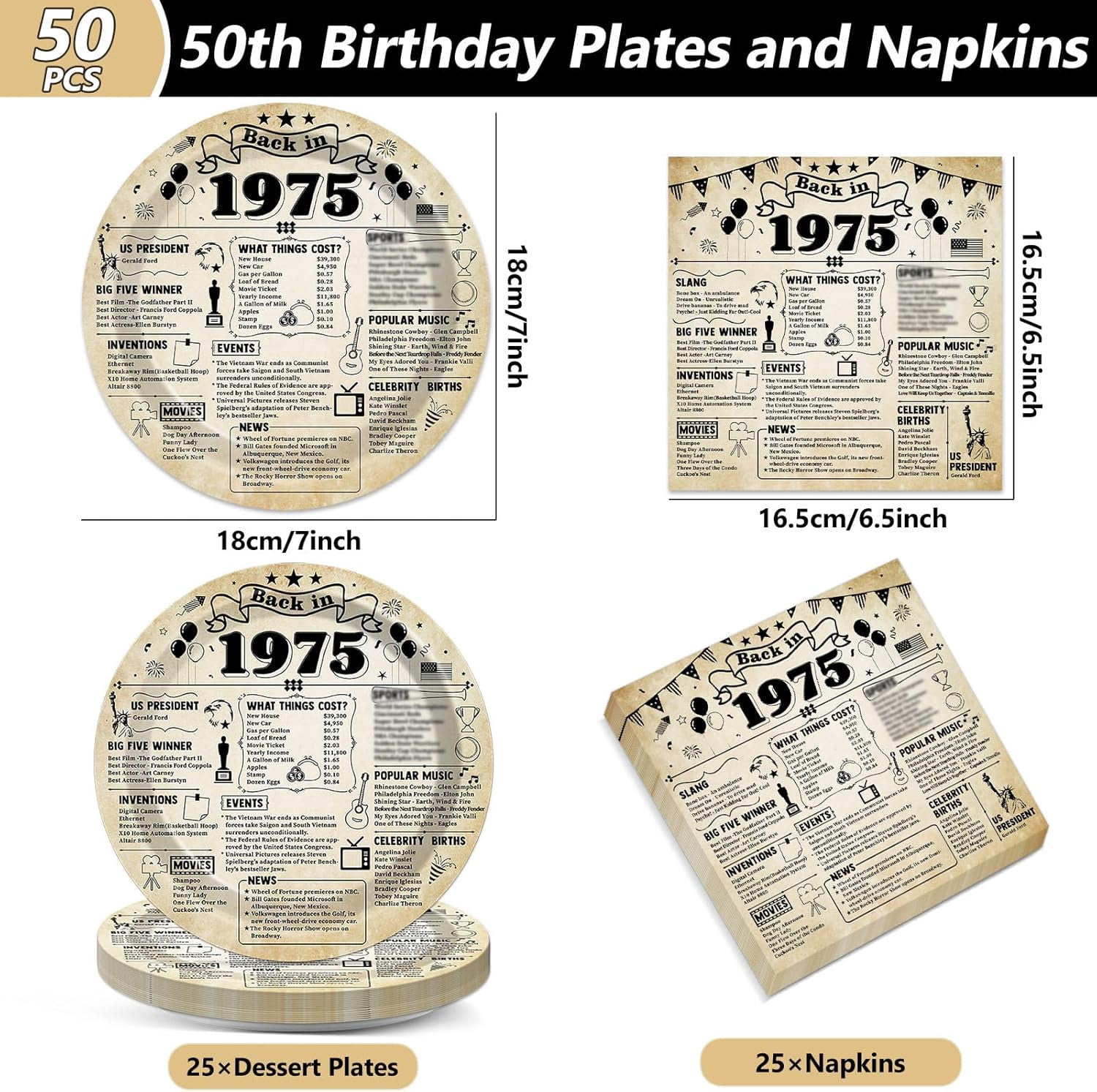 JUNXIAO-50Pcs 50th Birthday Party Paper Plates and Napkins Back in 1975 ...