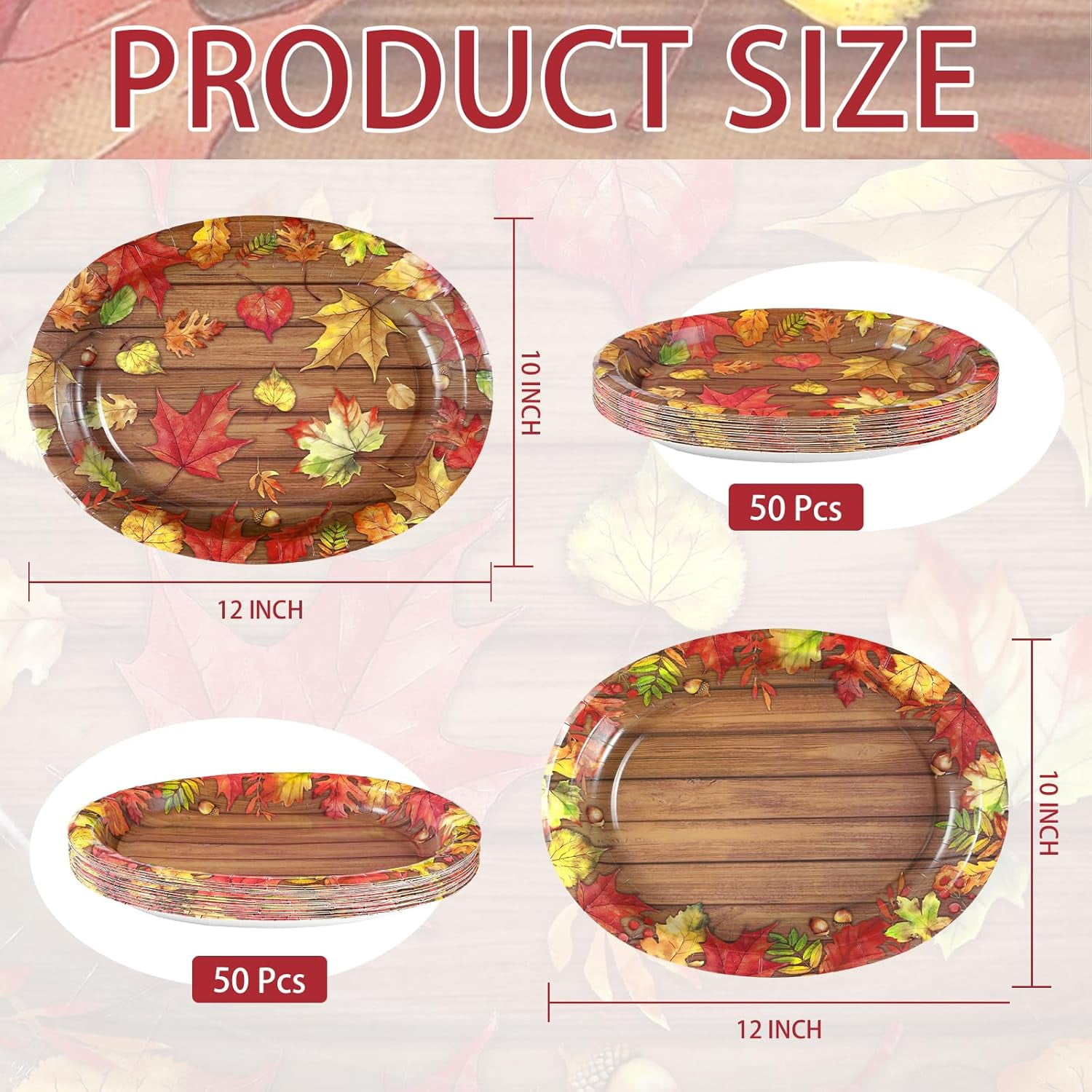 JUNXIAO-50Pcs Fall Oval Paper Plates 10"x12" Large Wood Grain Maple ...
