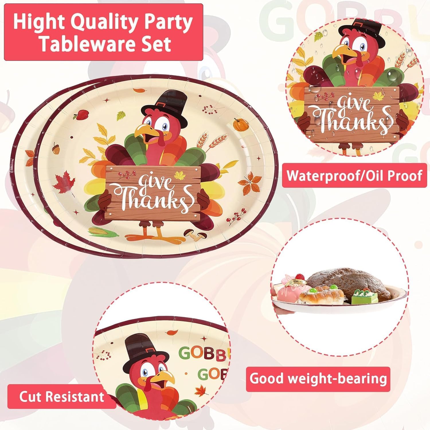 JUNXIAO-50Pcs Thanksgiving Oval Paper Plates 10" x 12" Large Heavy Duty ...