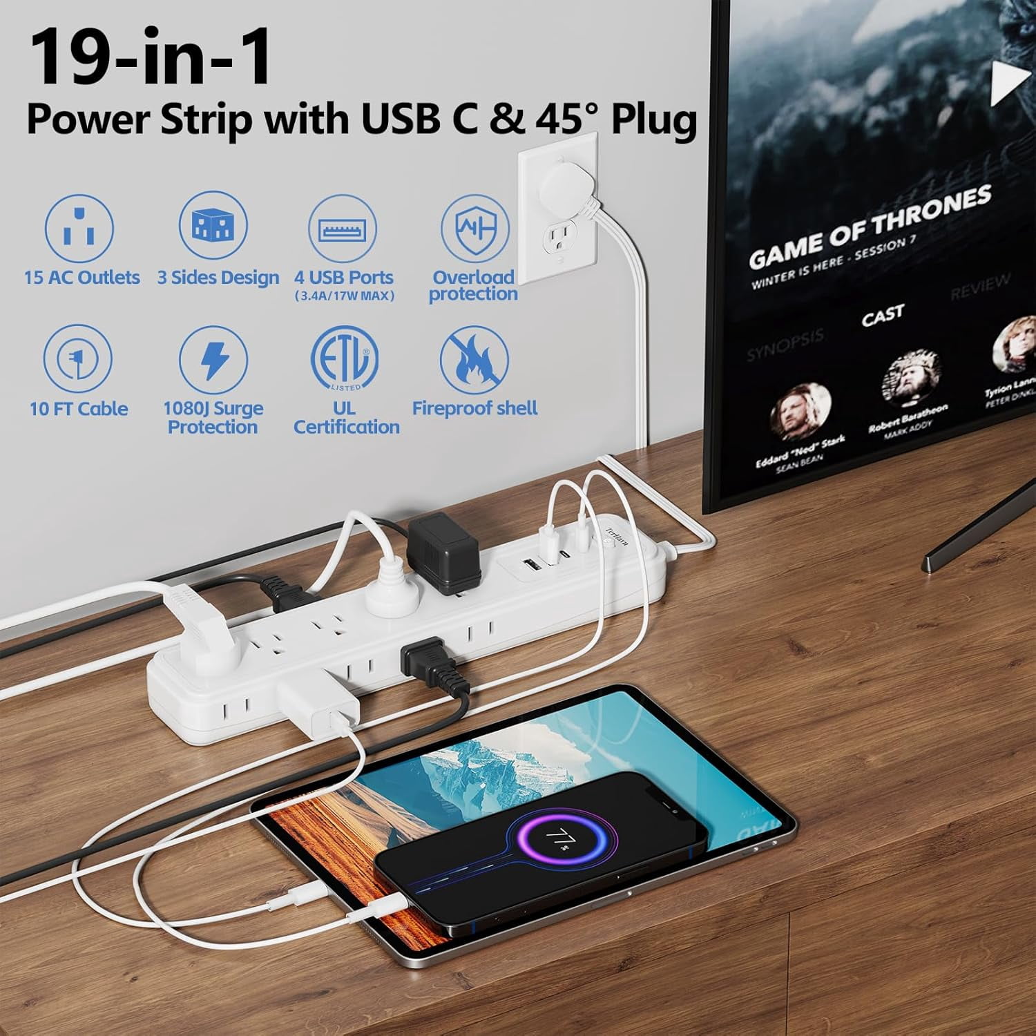 JUNXIAO-5Ft Power Strip Surge Protector - TerHavn Extension Cord with ...