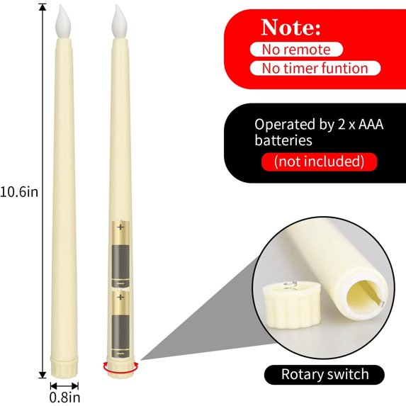 JUNXIAO-6 Pack White Flameless Plastic Taper Candles, Without Remote or ...