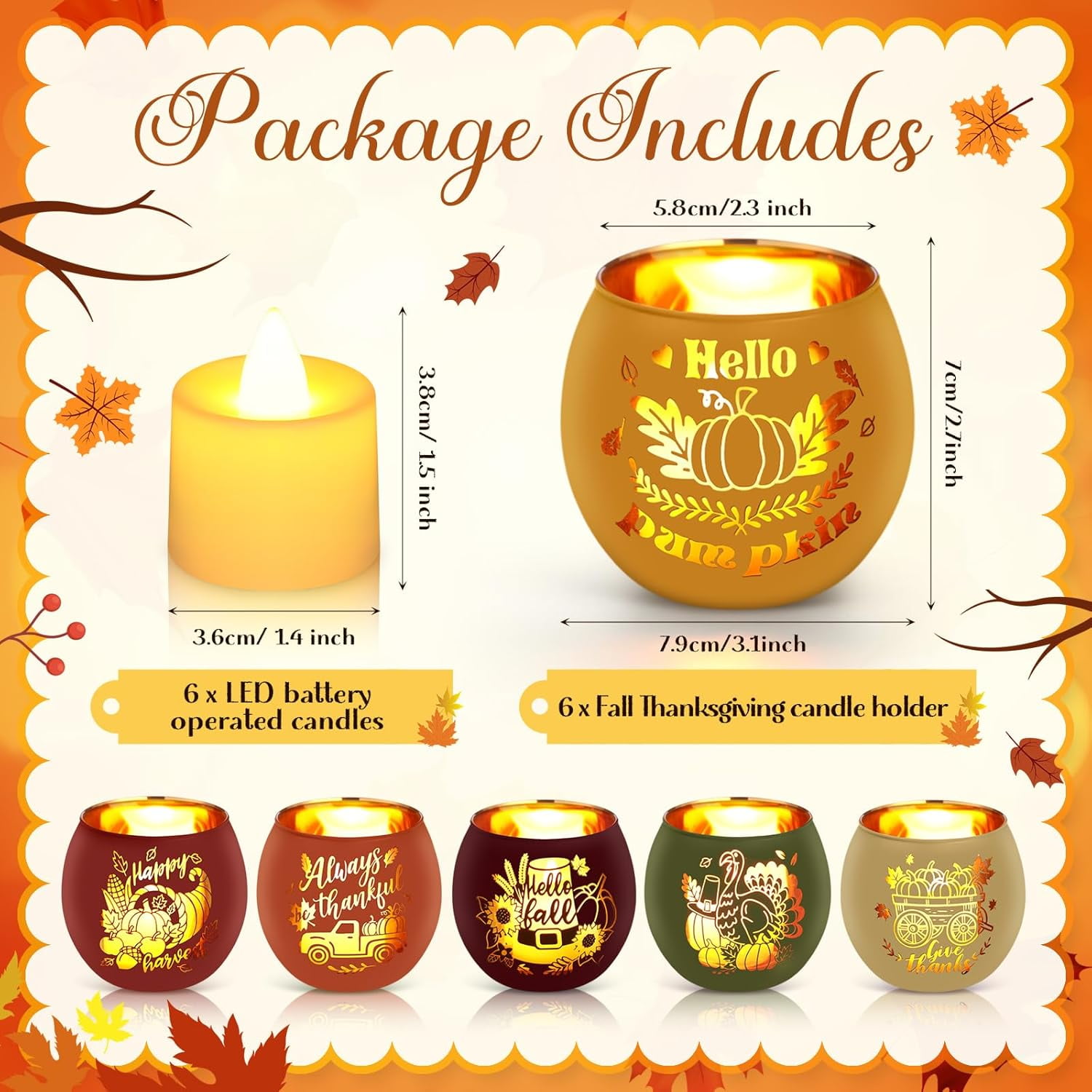 JUNXIAO-6 Set Thanksgiving Votive Candle Holders with 6 LED Battery ...