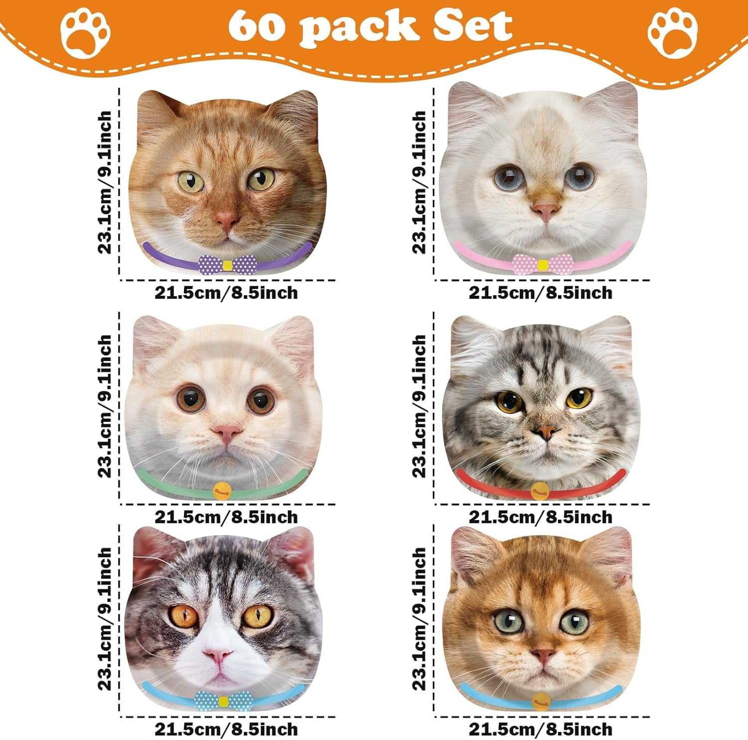JUNXIAO-60 Pcs Cat Birthday Paper Plates Cat Shaped Dinner Party Plates ...
