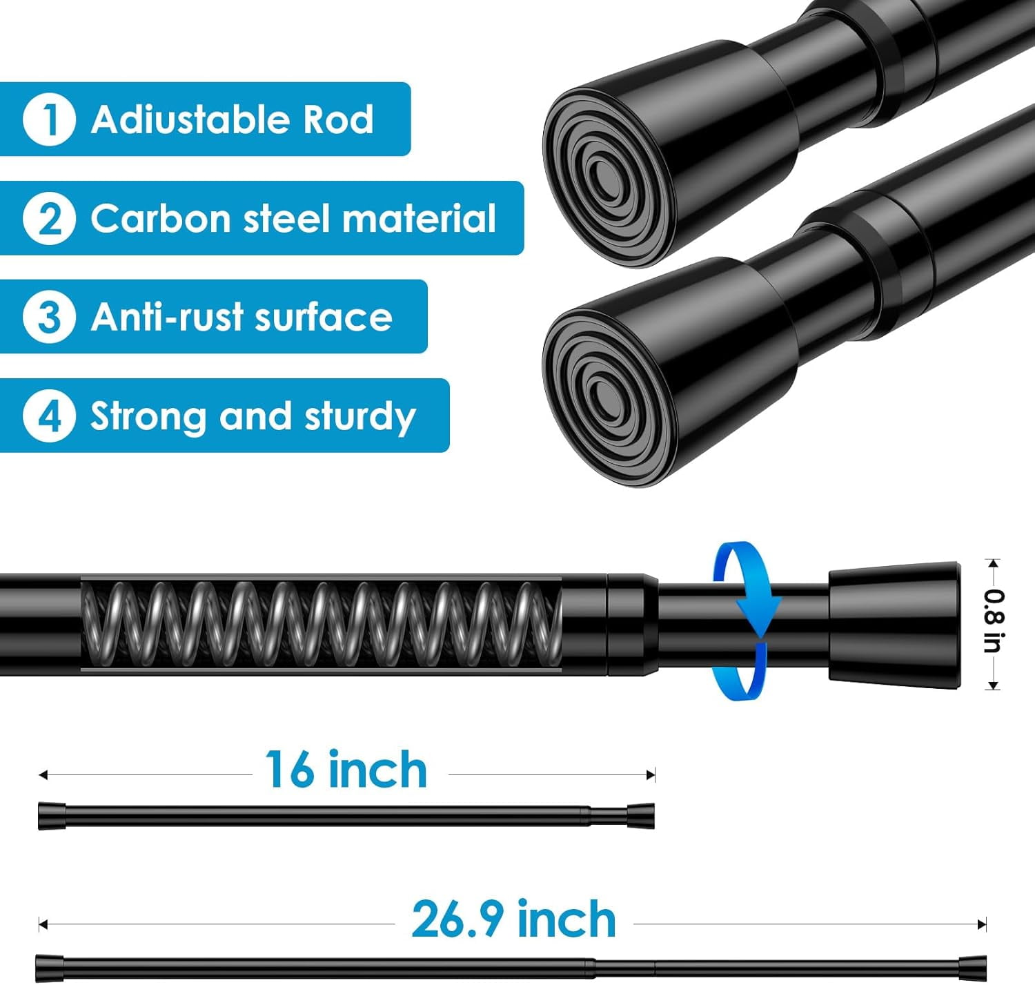 JUNXIAO-6pack Black Tension Curtain Rod 16-26.9 inch Spring Tension Rod ...
