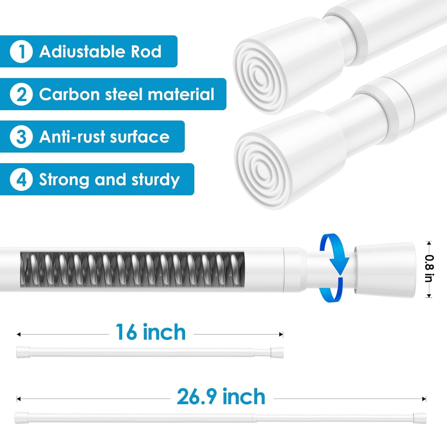 JUNXIAO-6pack White Tension Curtain Rod 16-26.9 inch Spring Tension Rod ...